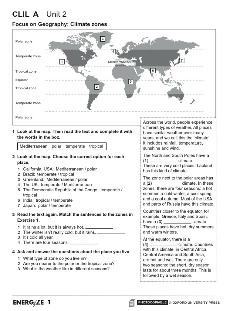 Energize1 - U2 - CLIL Geography | PDF | Temperate Climate | Tropics