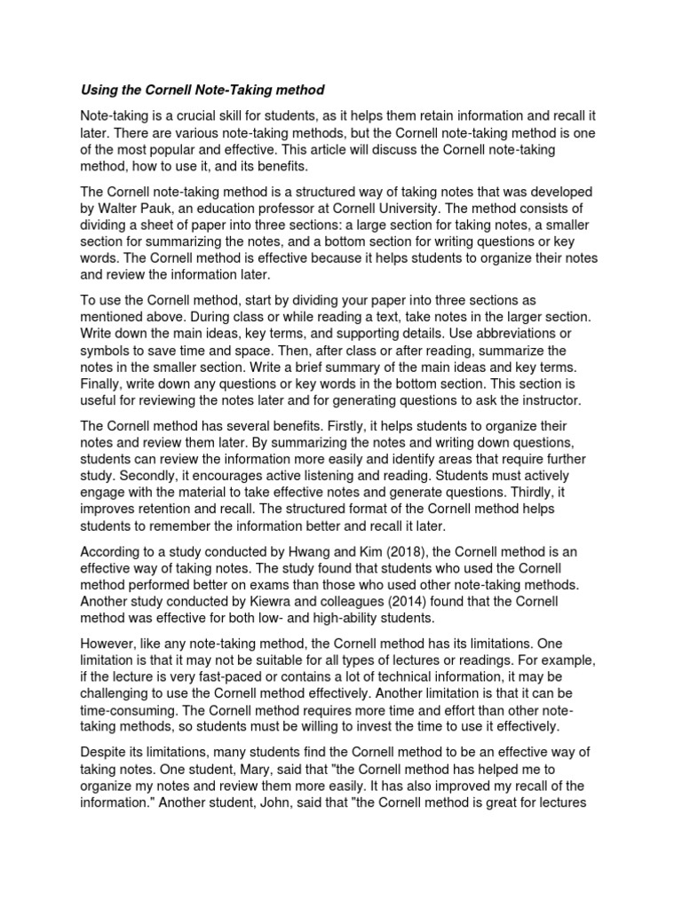 The Cornell Note-Taking Method | PDF | Cognition | Cognitive Science