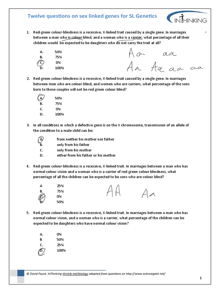 Twelve Sex-Linked-Genetics Qns Inthnk2 | PDF | Dominance (Genetics ...