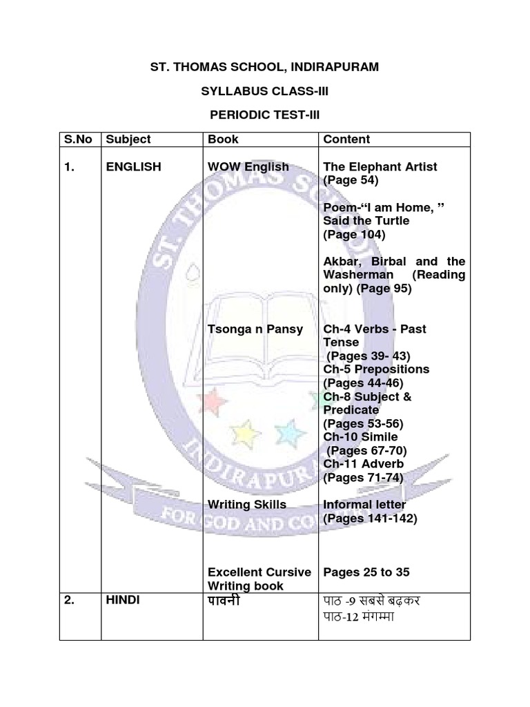 Class 3 Syllabus P.T-3 | PDF
