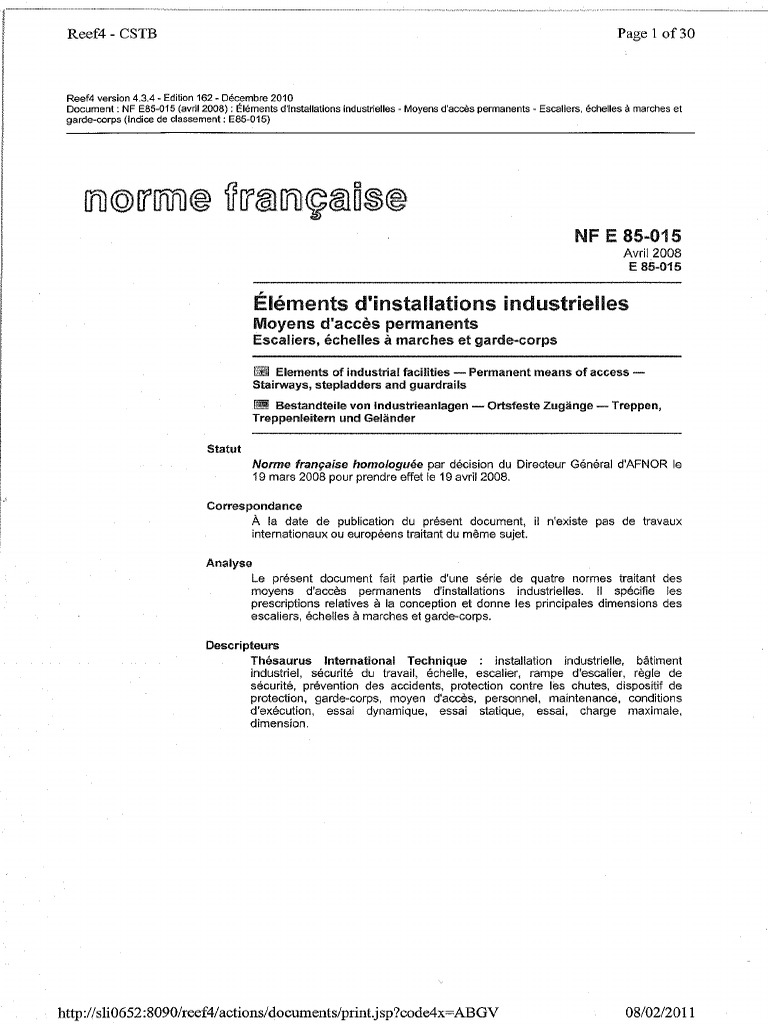 NF E 85-015 - Escaliers Et Garde Corps | PDF