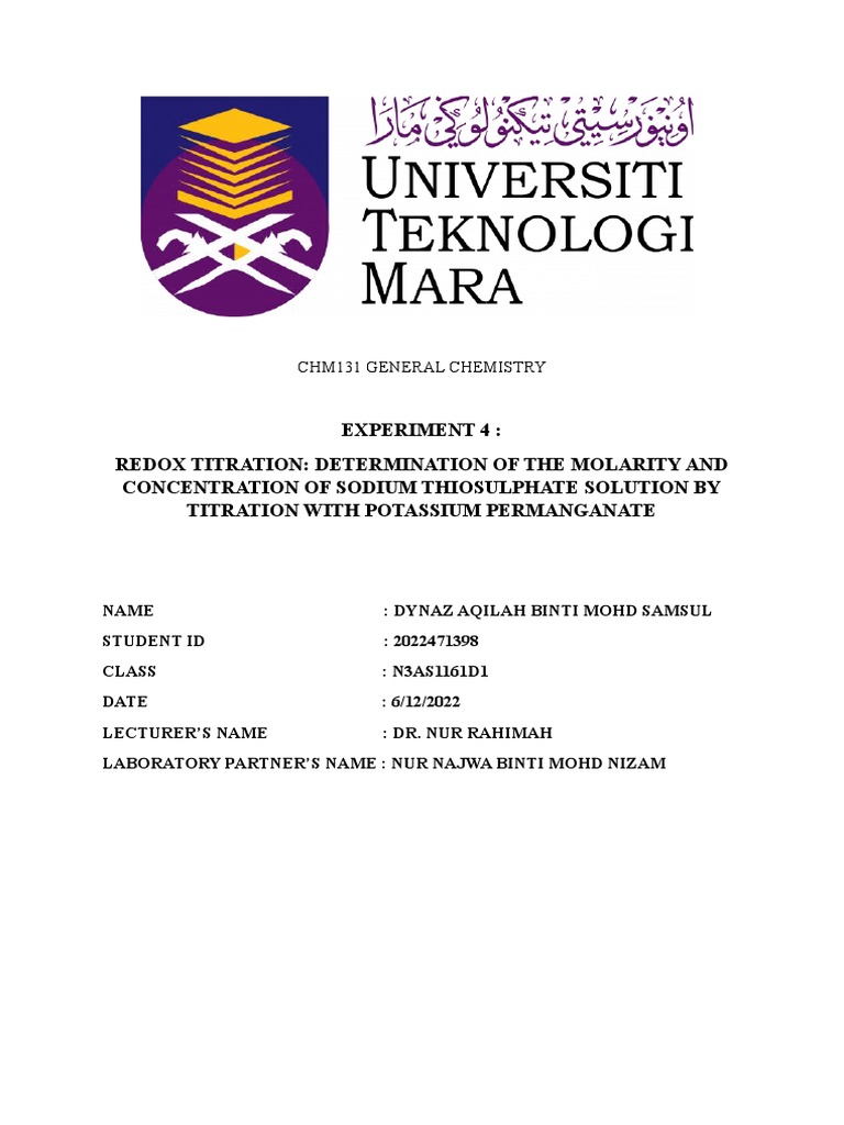 1 - Exp4 - Dynaz Aqilah Binti Mohd Samsul | PDF | Titration | Chemistry