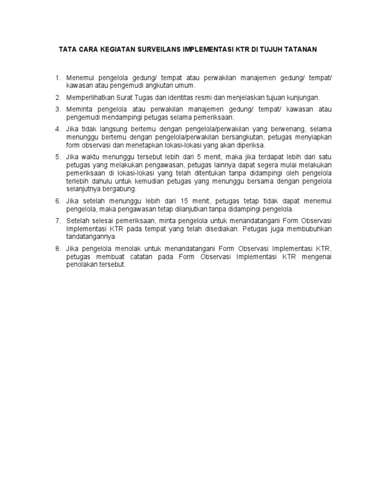 Tata Cara Kegiatan Surveilans Implementasi KTR Di Tujuh Tatanan | PDF | Karier & Perkembangan