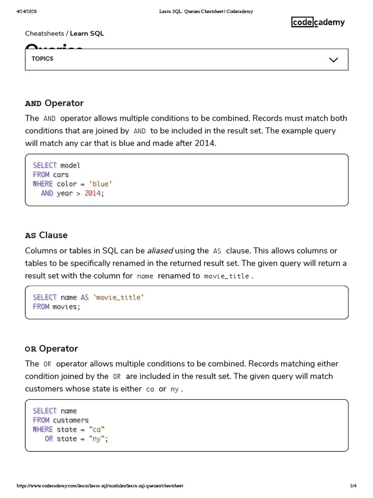 Learn Sql Queries Cheatsheet Codecademy Pdf Software Engineering Data