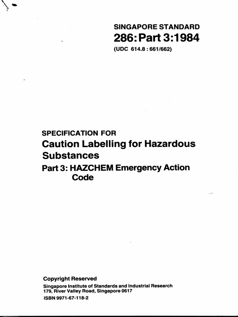 SS 286 - 1984 Caution Labelling Hazardous Substances Part 3 HAZCHEM ...