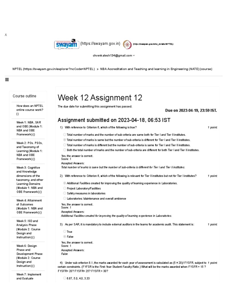 Week 12 Assignment 12: Assignment Submitted On 2023-04-18, 06:53 IST | PDF | Audit | Behavior ...