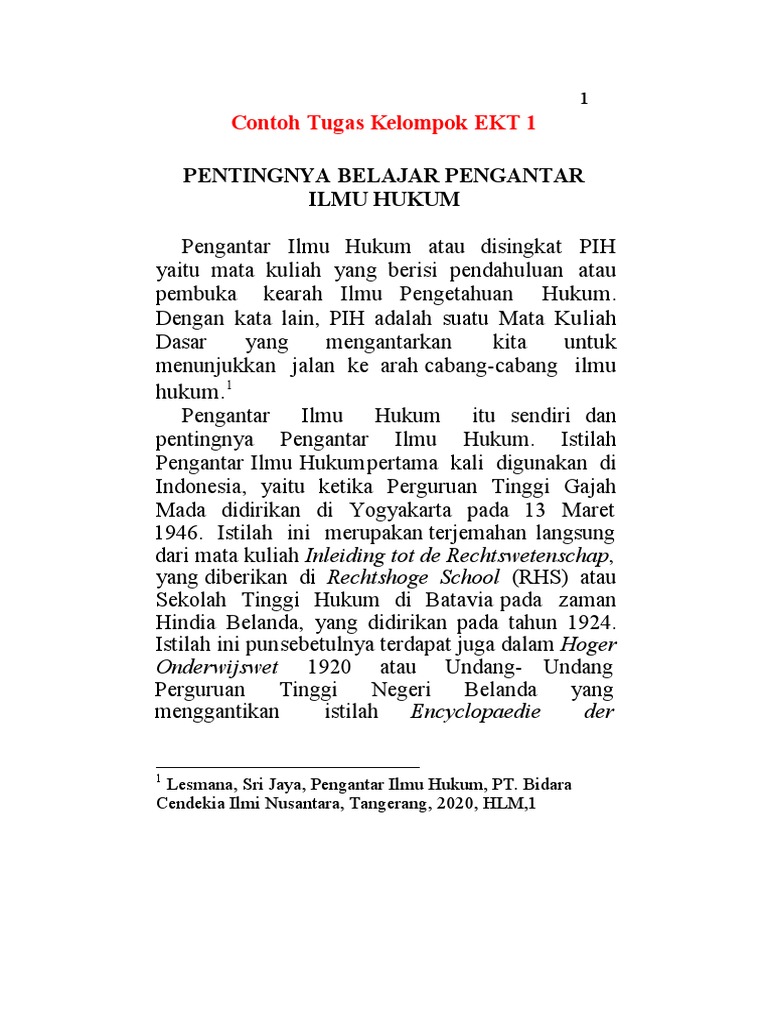 Pentingnya Belajar Pengantar Ilmu Hukum: Contoh Tugas Kelompok EKT 1 | PDF