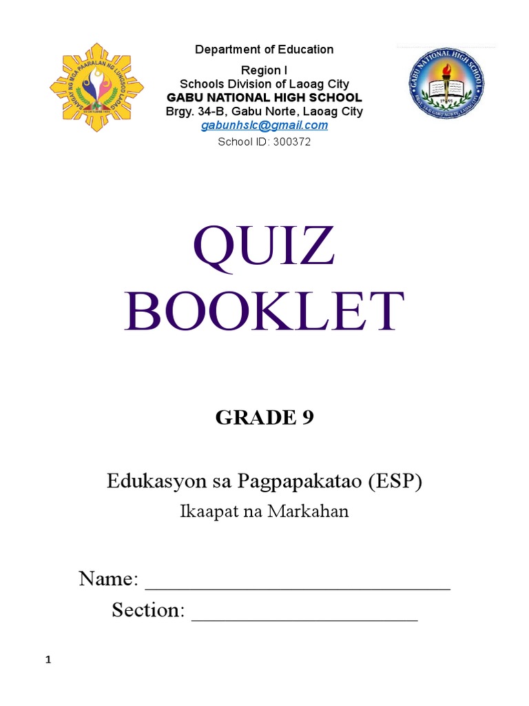 Quiz Booklet: Edukasyon Sa Pagpapakatao (ESP) | PDF