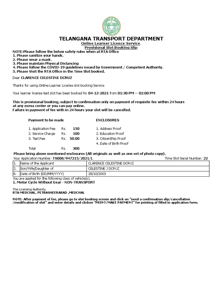 Telangana Online Learner License Booking | PDF | Driver's License | License