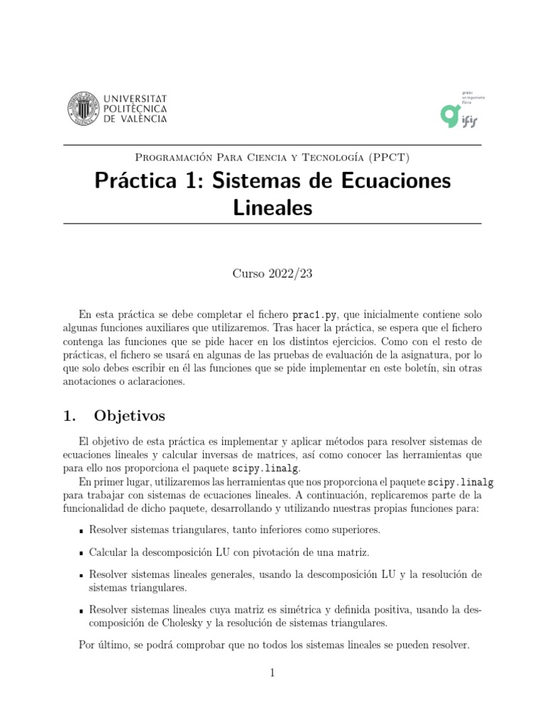 Práctica 1. Sistemas de Ecuaciones Lineales | PDF | Matriz (Matemáticas) | Álgebra