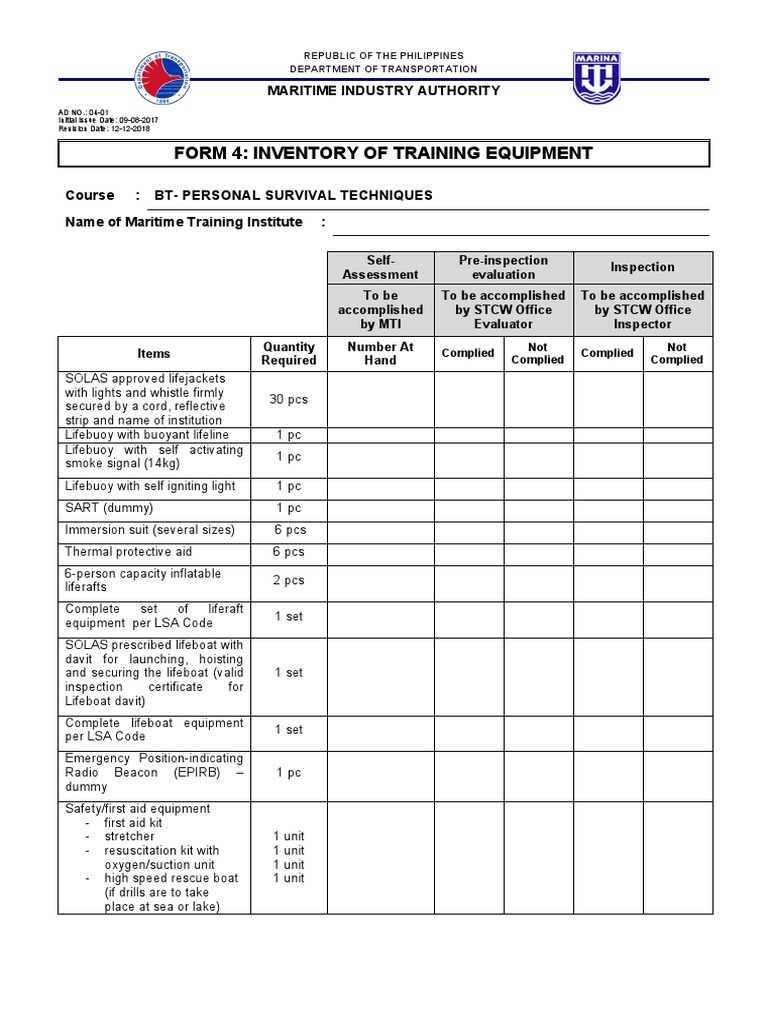 4 - Rev01 FORM 4 Inventory of Training Equipment | PDF | Equipment | Rescue