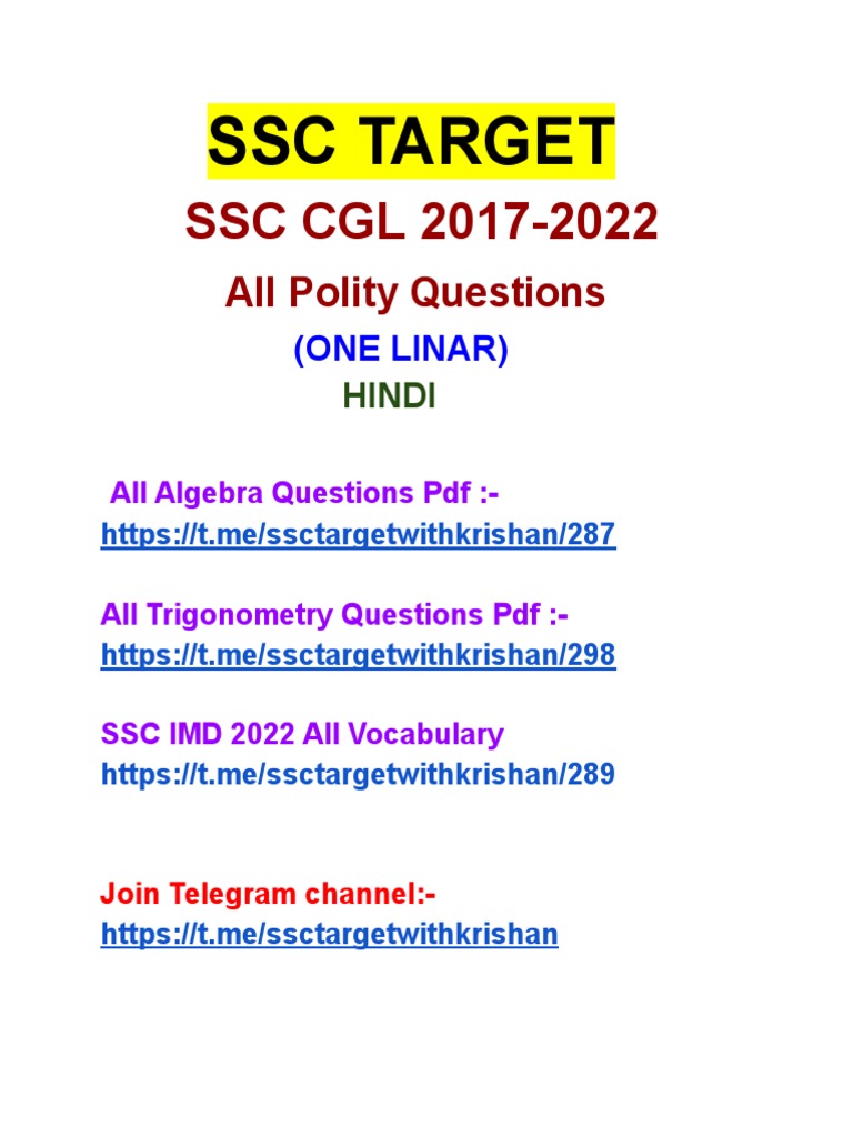 SSC CGL 2017 2022 All Polity Question One Linear Hindi 1 | PDF