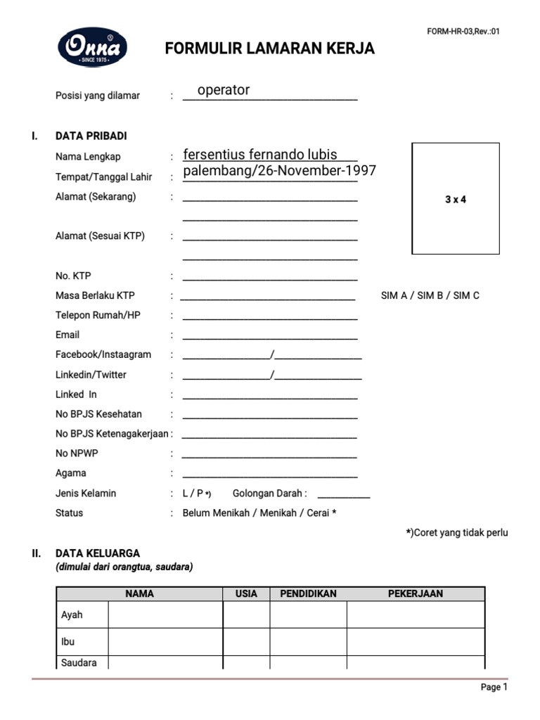 FORM-HR-03 Lamaran Kerja 2021 | PDF