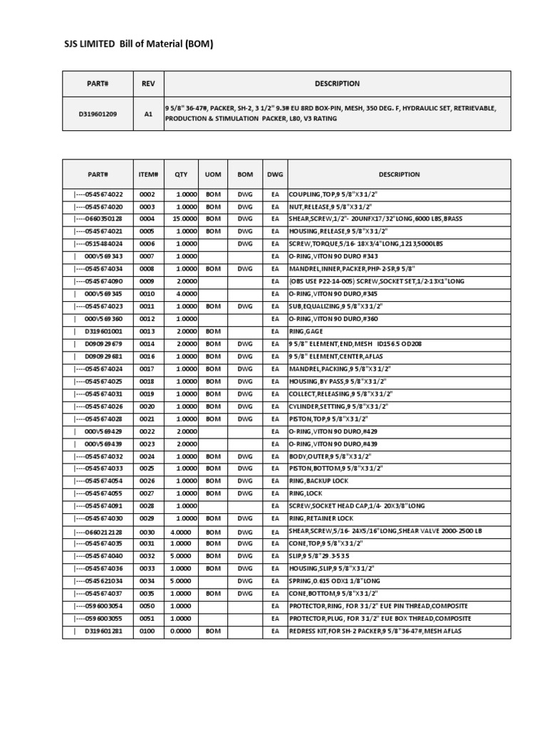958IN 40-47# SH-2 PACKER, 3.5IN EUE B-P, MESH, 350 DEG F, HYDRAULIC SET, BILL OF MATERIAL (PN ...