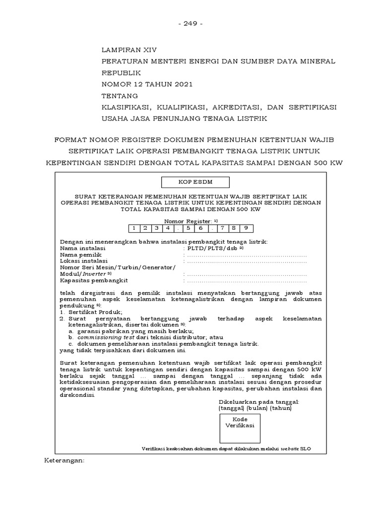 FORMAT SURAT PEMENUHAN WAJIBAN SLO SAMPAI DENGAN 500 KW Permen ESDM No. 12 Tahun 2021 | PDF