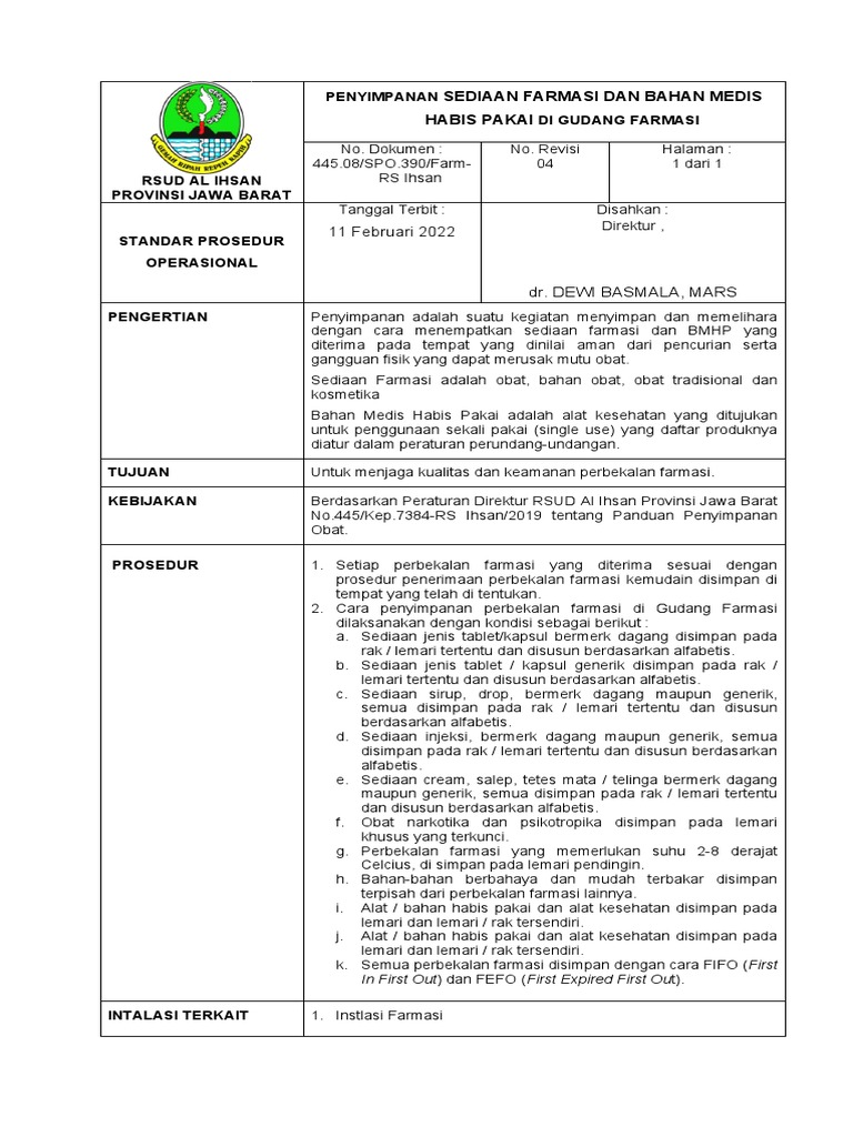 4 Spo Penyimpanan Sediaan Farmasi Dan Bahan Medis Habis Pakai Di Gudang