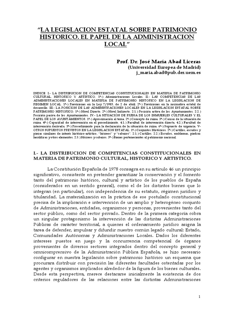 La Legislación Estatal Sobre Patrimonio Histórico. El Papel de La ...