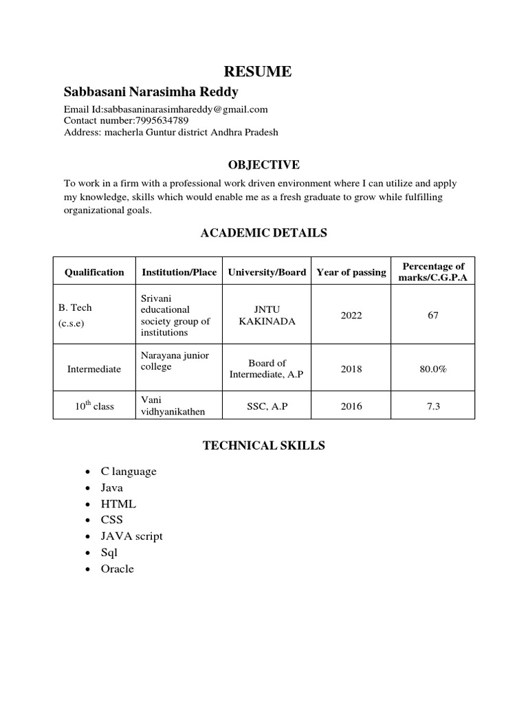 Resume: Sabbasani Narasimha Reddy | PDF | Computing