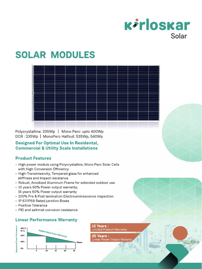 Datasheet For Kirloskar P.V. Panels | PDF