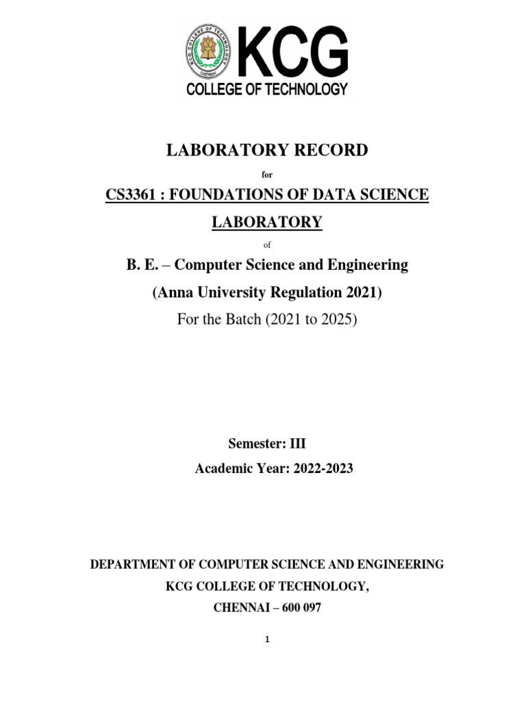 Laboratory Record: Cs3361: Foundations of Data Science Laboratory | PDF
