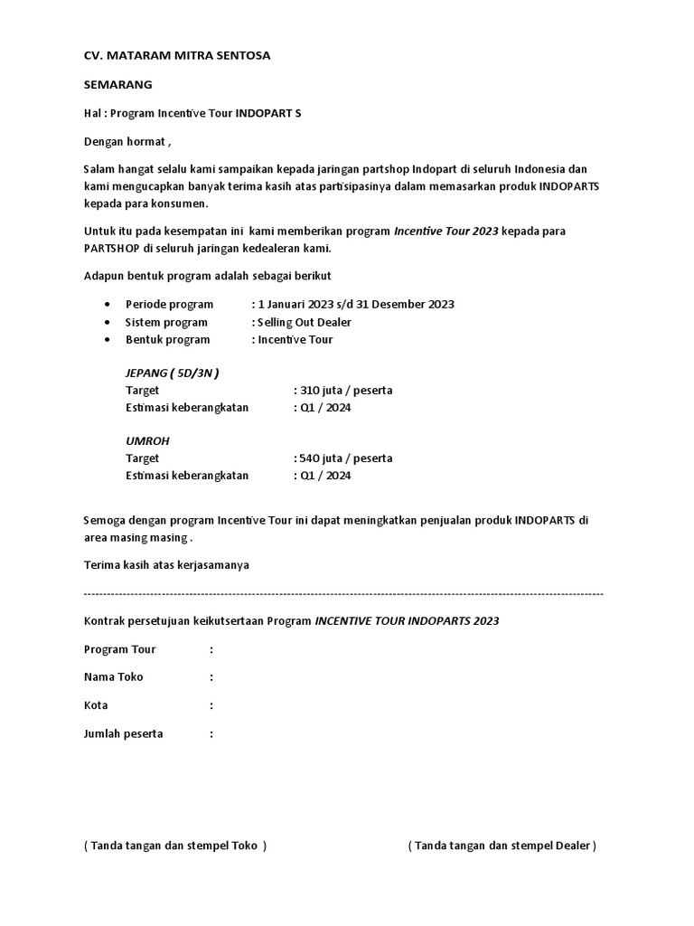 Surat Kontrak Program Tour 2023 | PDF