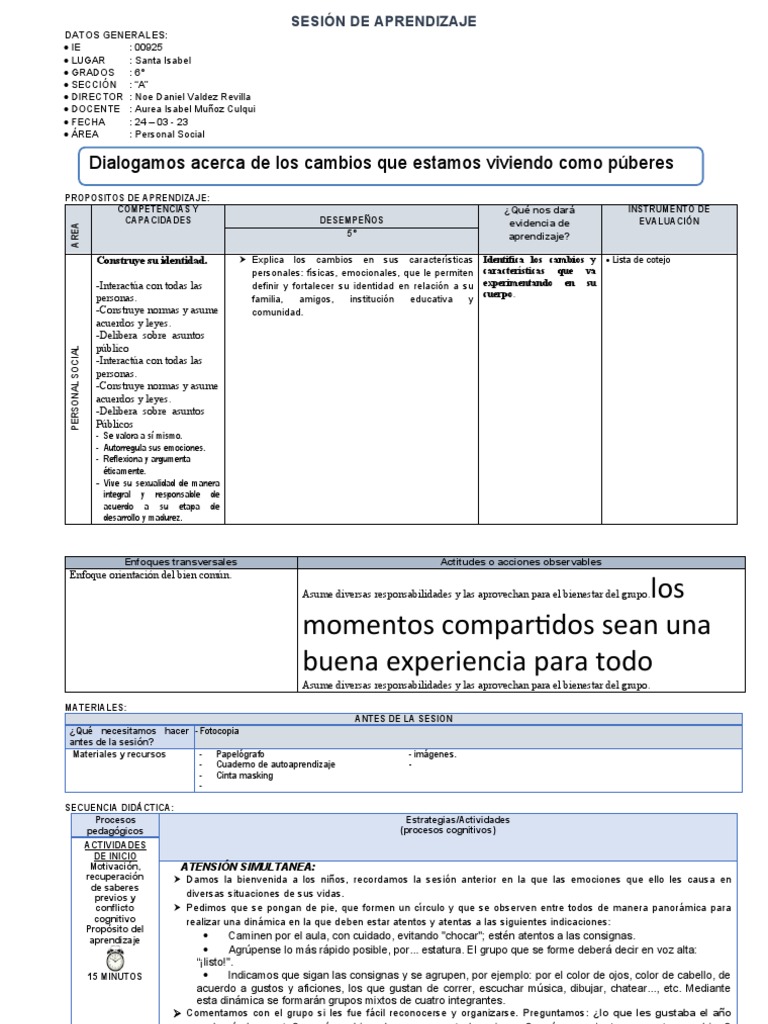 Sesión de Aprendizaje Dialogamos Acerca de Los Cambios Que Estamos Viviendo Los Puberes | PDF ...