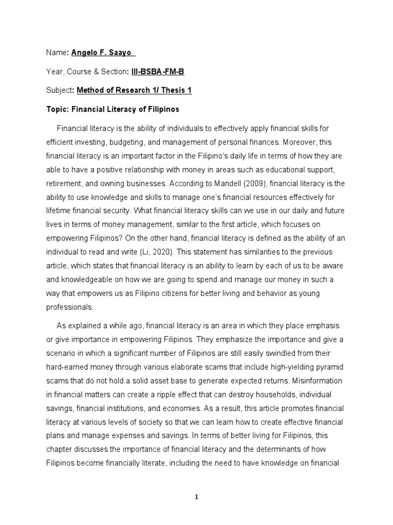 Saayo, Angelo, F. - 3 BSBA FM B - Assignment 1 | PDF | Financial Literacy | Literacy