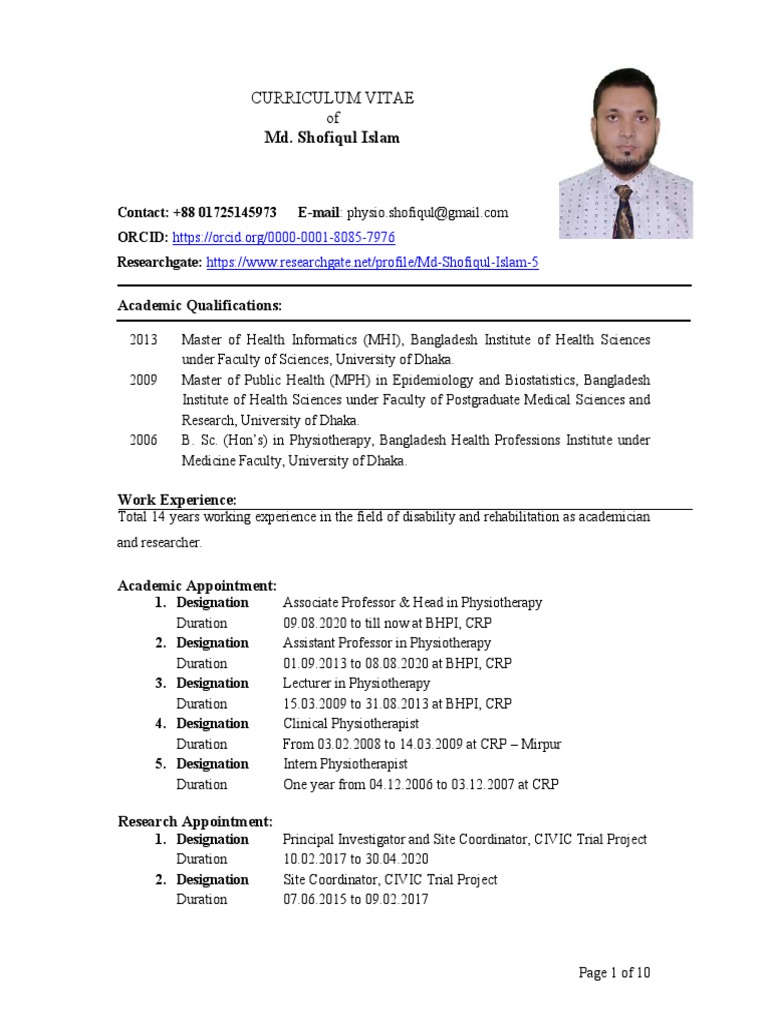 Resume of Md. Shofiqul Islam | PDF | Physical Therapy | Cerebral Palsy