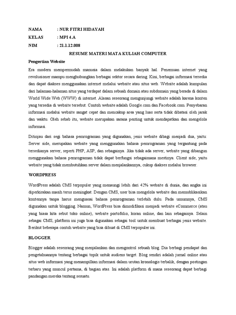 Nur Fitri Hidayah - Computer Tugas 2 | PDF | Komputer