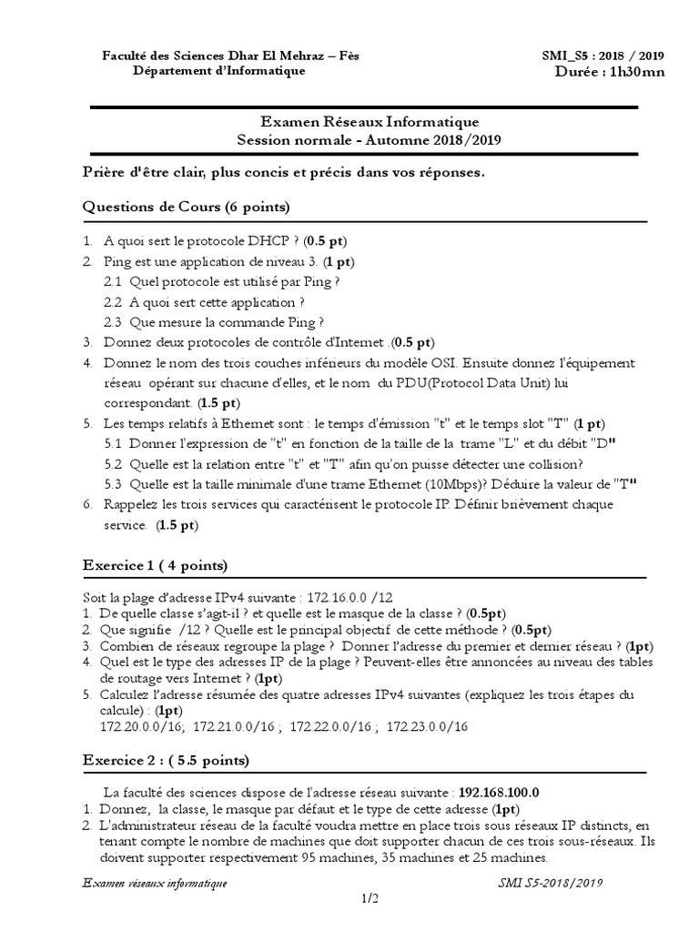 Examen Session Normale SMI - S5 - 2019 | PDF | Adresse IP | Protocoles Internet