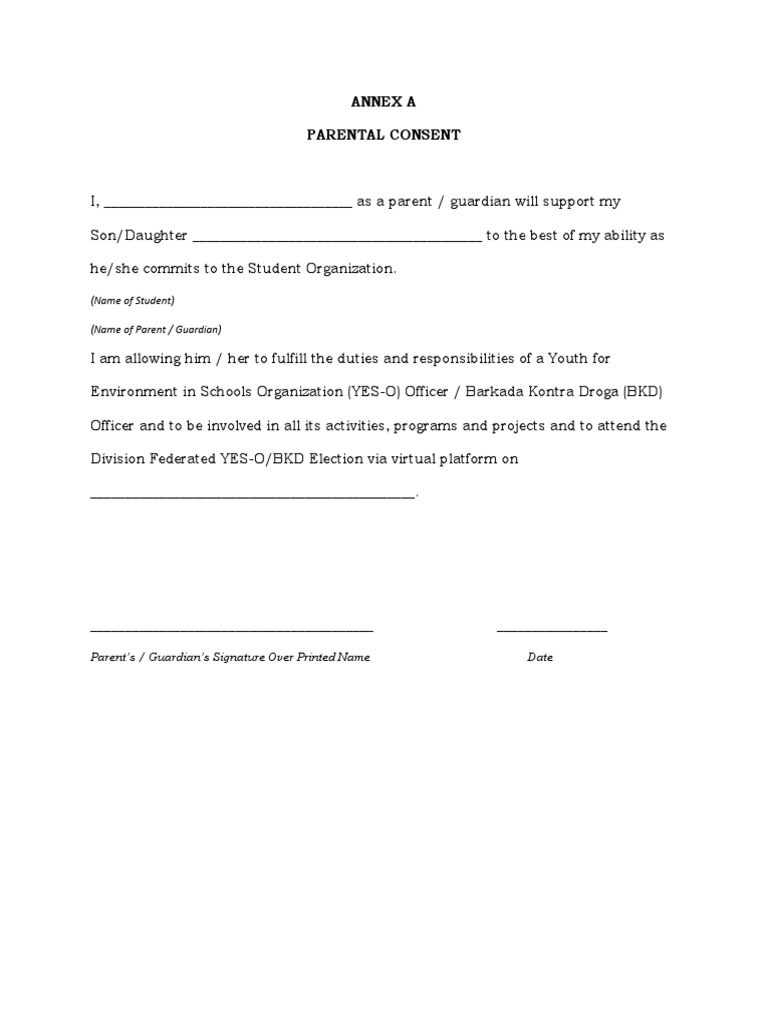 Annex A Parental Consent: (Name of Student) (Name of Parent / Guardian ...