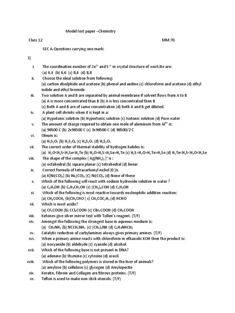 Class 12 Chemistry Model Test Paper | PDF | Colloid | Water