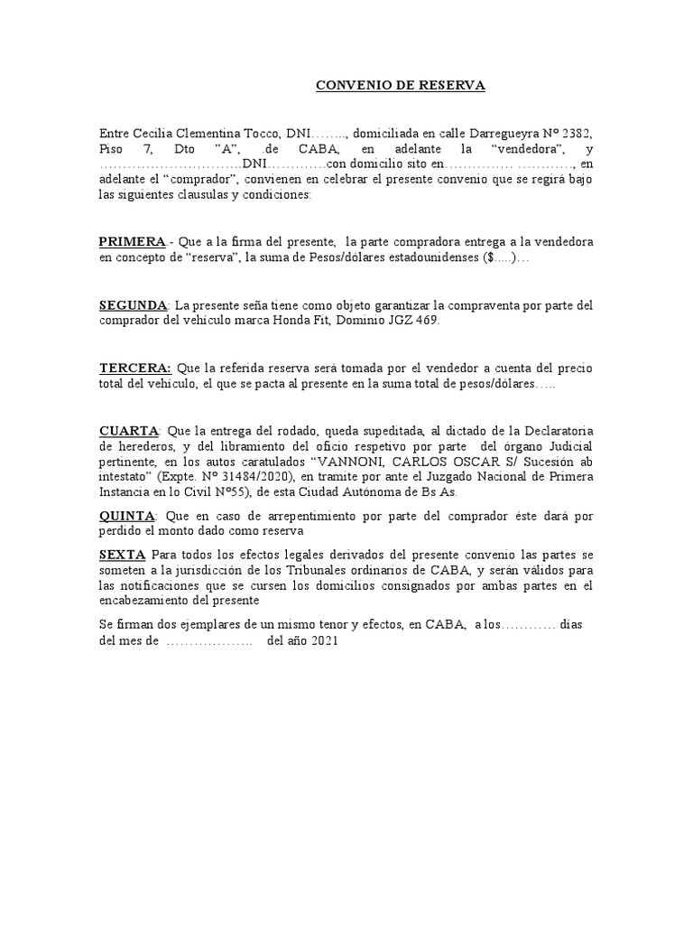 CONVENIO DE RESERVA | PDF