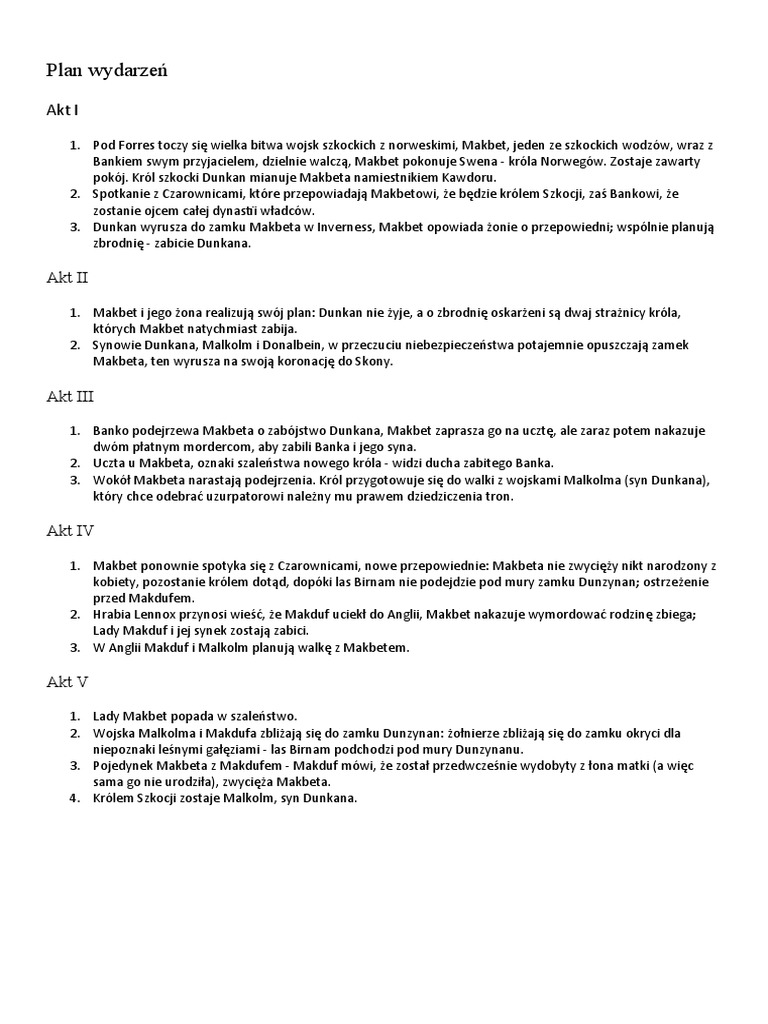 Plan Wydarzeń (Makbet) | PDF