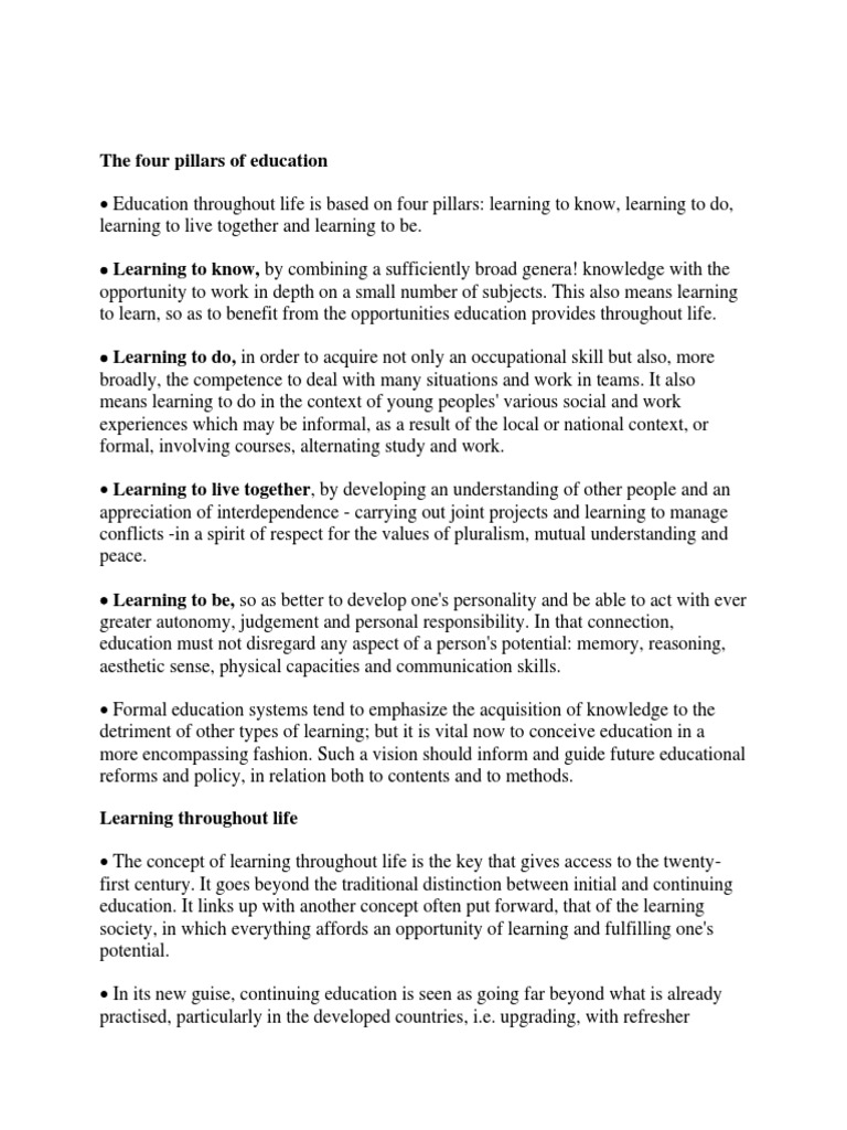Four Pillars of Education Explained | PDF | Learning | Knowledge