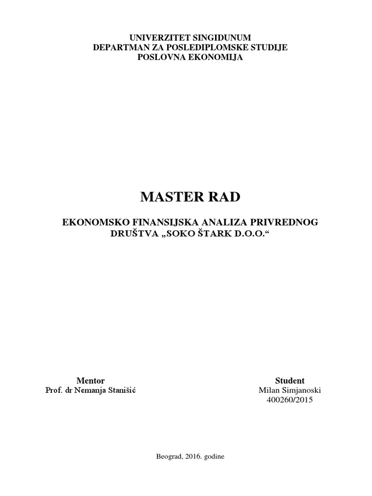 Master Rad: Univerzitet Singidunum Departman Za Poslediplomske Studije Poslovna Ekonomija | PDF