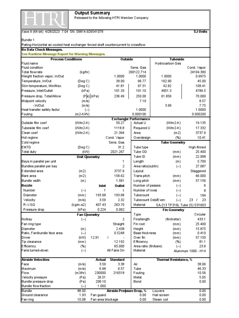 Output Summary for Air-Cooled Heat Exchanger | PDF | Heat Exchanger ...