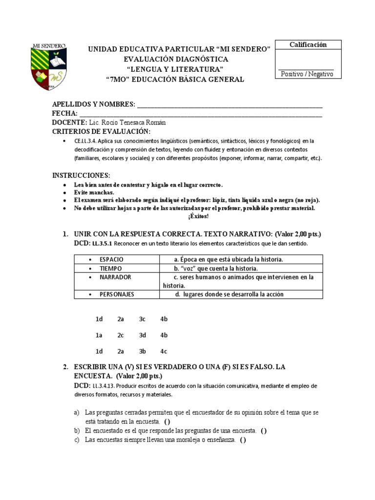 Evaluación Diagnóstica 7mo Lengua y Literatura | PDF | Adjetivo ...