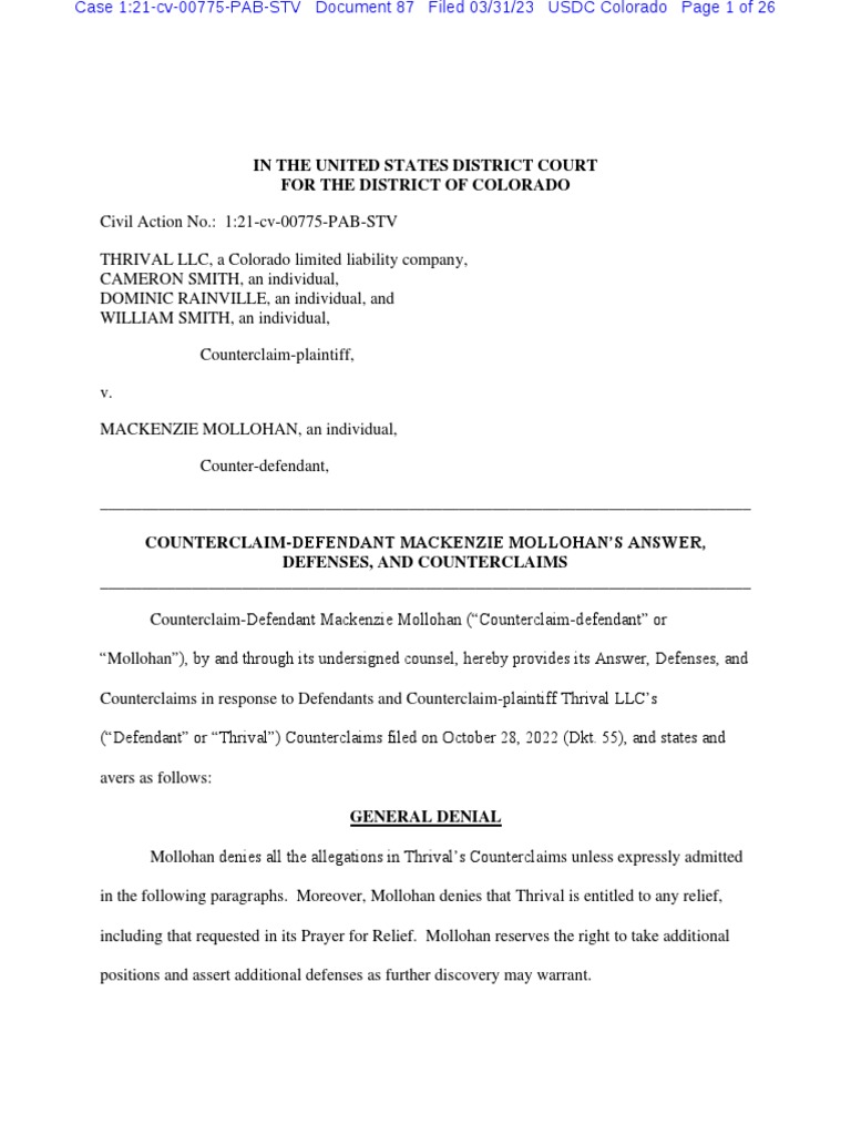 Thrival v. Mollohan - Answer & Counterclaims | PDF | Declaratory Judgment | Patent Infringement