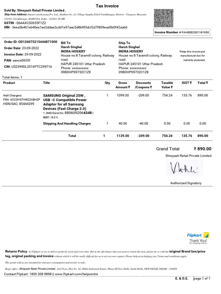 Detailed tax invoice for the sale of one Samsung wall charger and ...