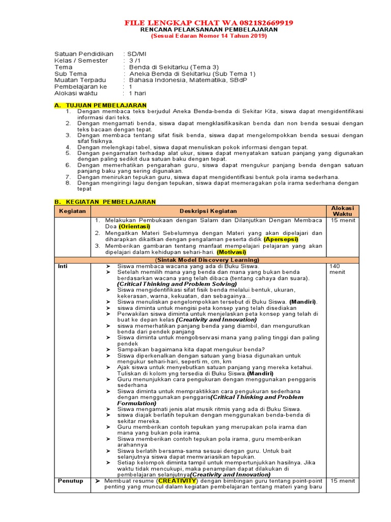 Contoh RPP 1 Lembar Kelas 3 Tema 3 | PDF