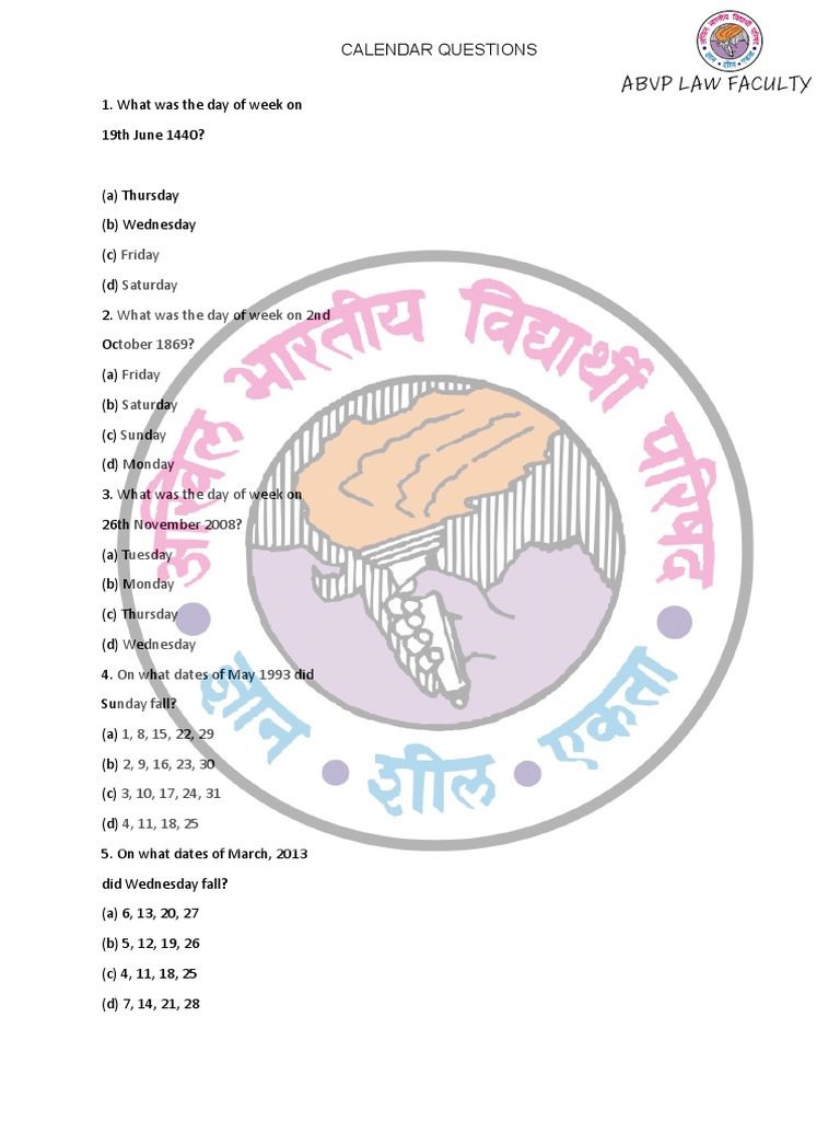 Calender Questions For Exams ABVP | PDF | Travel