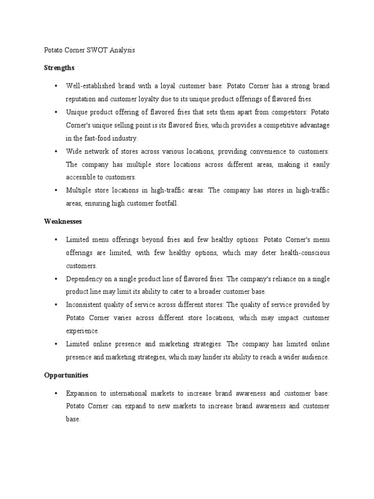Potato Corner SWOT Analysis Insights | PDF | Brand | Fast Food