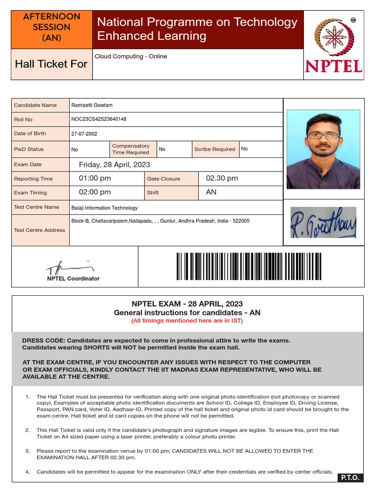 Nptel: Hall Ticket For | PDF | Identity Document | Printer (Computing)