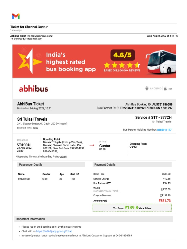 Abhibus Ticket Sri Tulasi Travels: Ticket For Chennai-Guntur | PDF ...