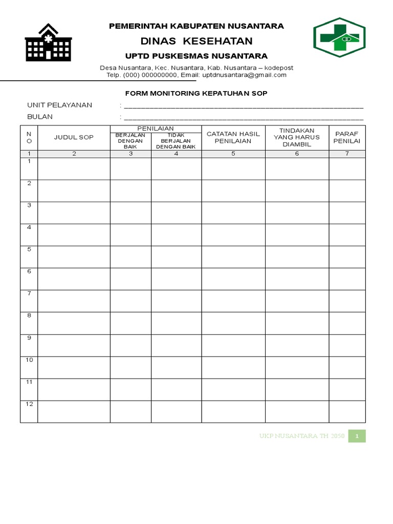 Form Monitoring Bulanan SOP UKP Puskesmas Nusantara | PDF