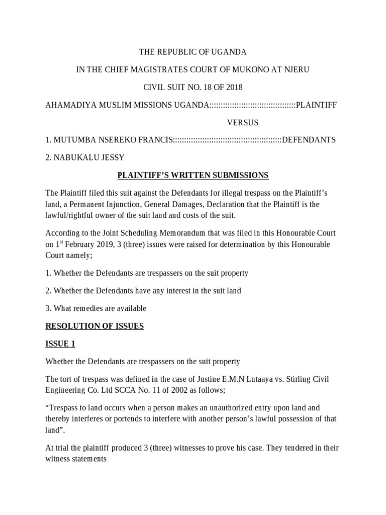 Plaintiff'S Written Submissions | PDF | Lawsuit | Trespass