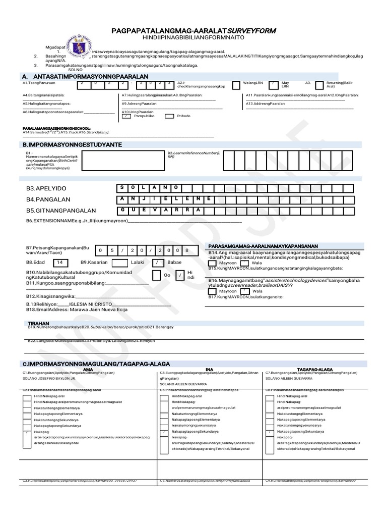 Modified Learner Enrollment and Survey Form Filipino | PDF