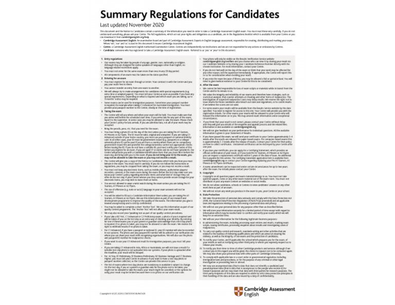 Cambridge Assessment English Summary Regulations For Candidates ...