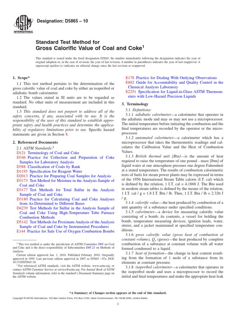 ASTM D5865-2010 - 1250-Coal GCV Sop | PDF | Combustion | Thermometer